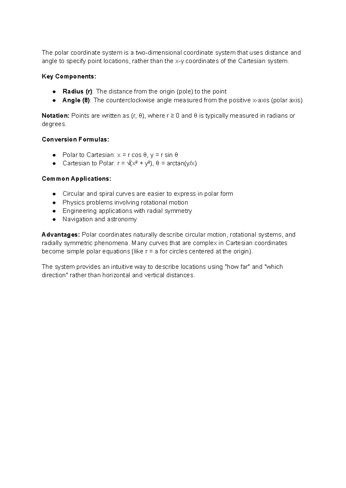 Polar Coordinate System: Key Concepts and Applications in Algebra - Studocu