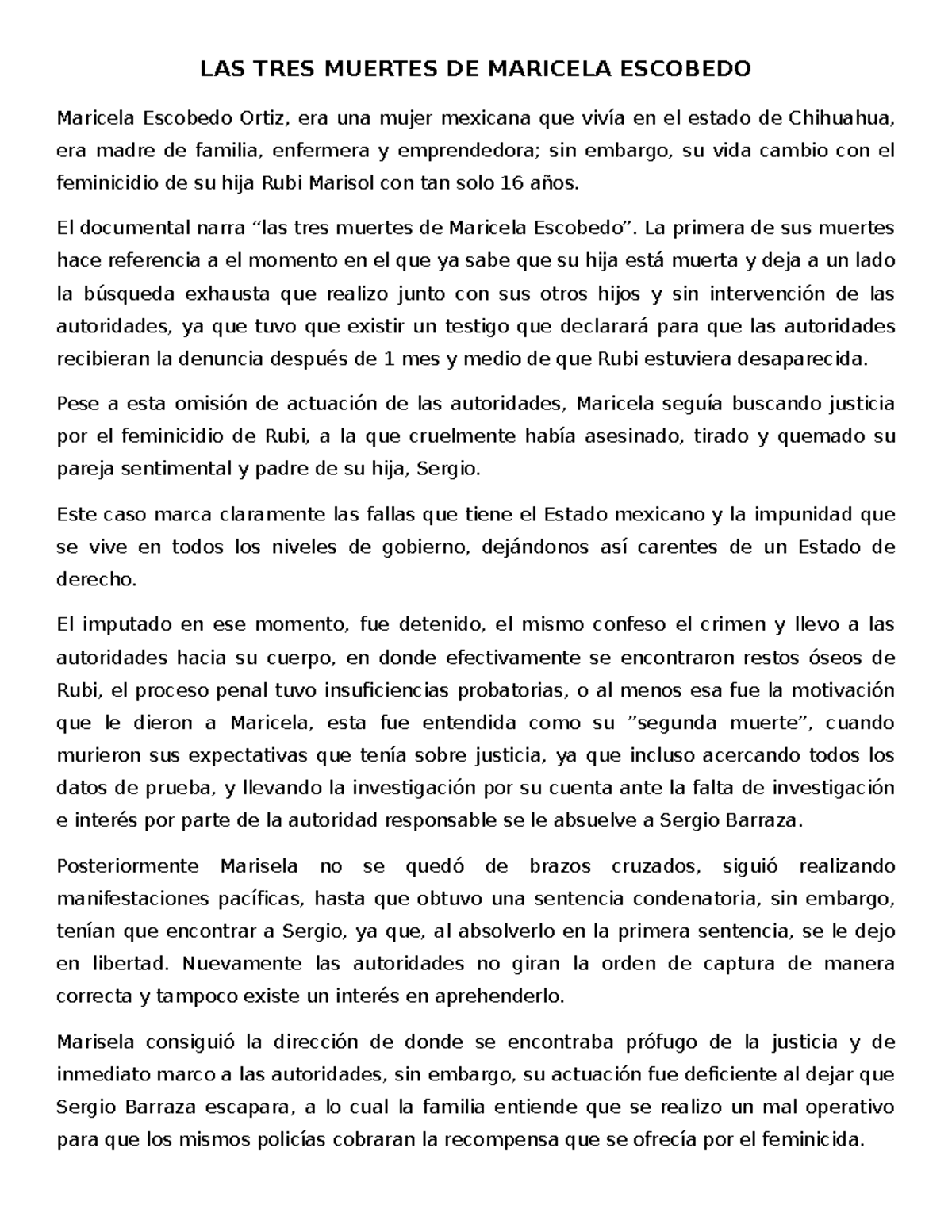 LAS TRES MUERTES DE MARICELA ESCOBEDO: Un Caso de Impunidad - Studocu