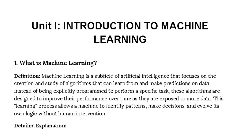 Unit I: Introduction to Machine Learning Concepts and Applications ...