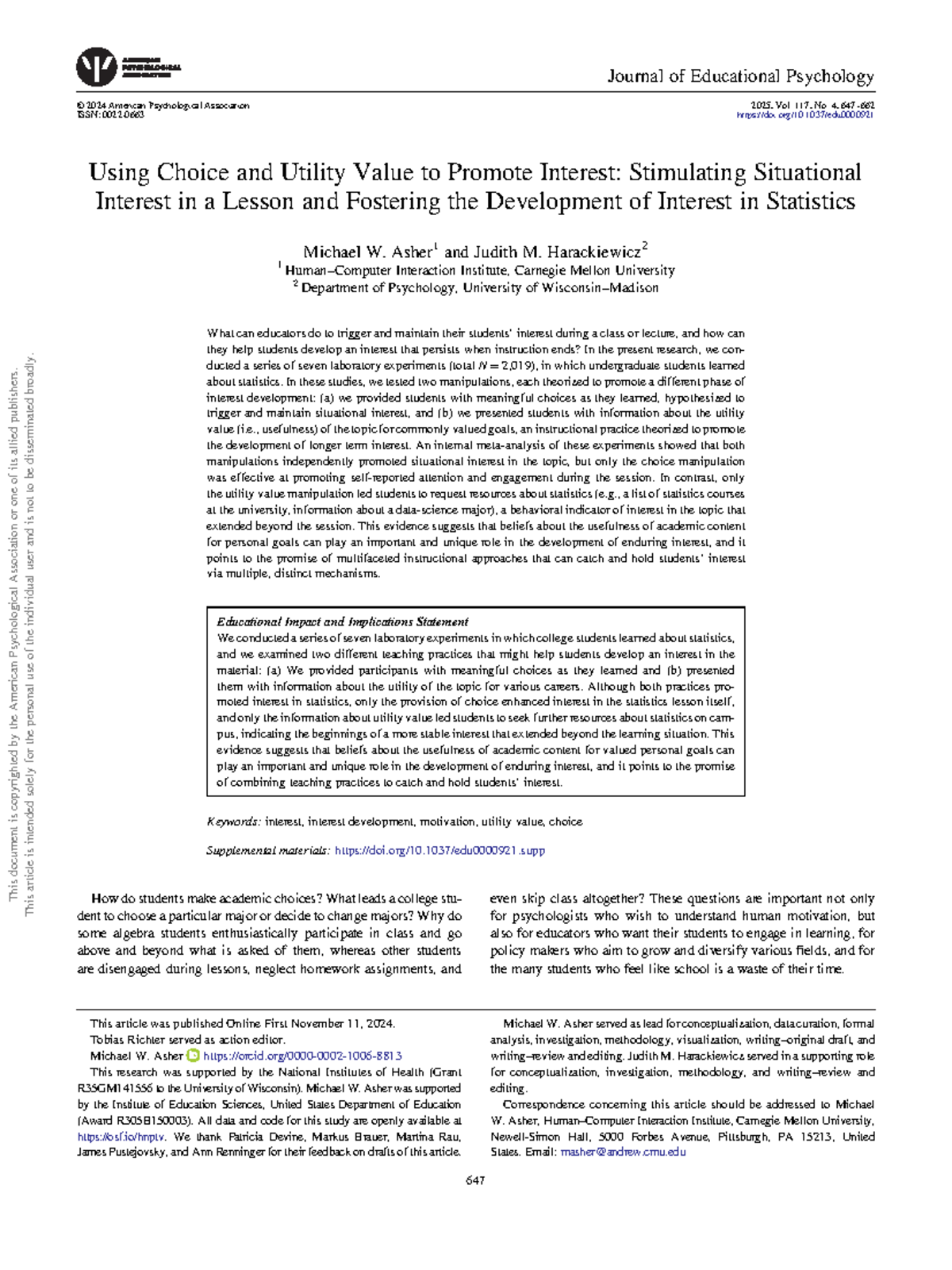 Promoting Student Interest through Utility Value and Choice in Learning ...