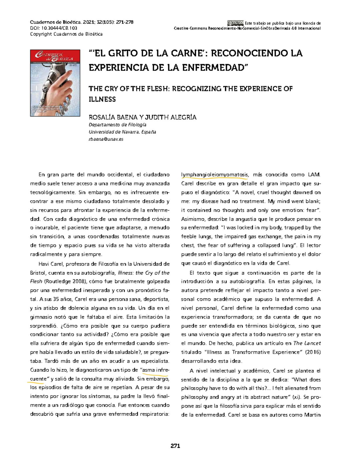 Cuadernos de Bioética. 32(105): La Experiencia de la Enfermedad según ...