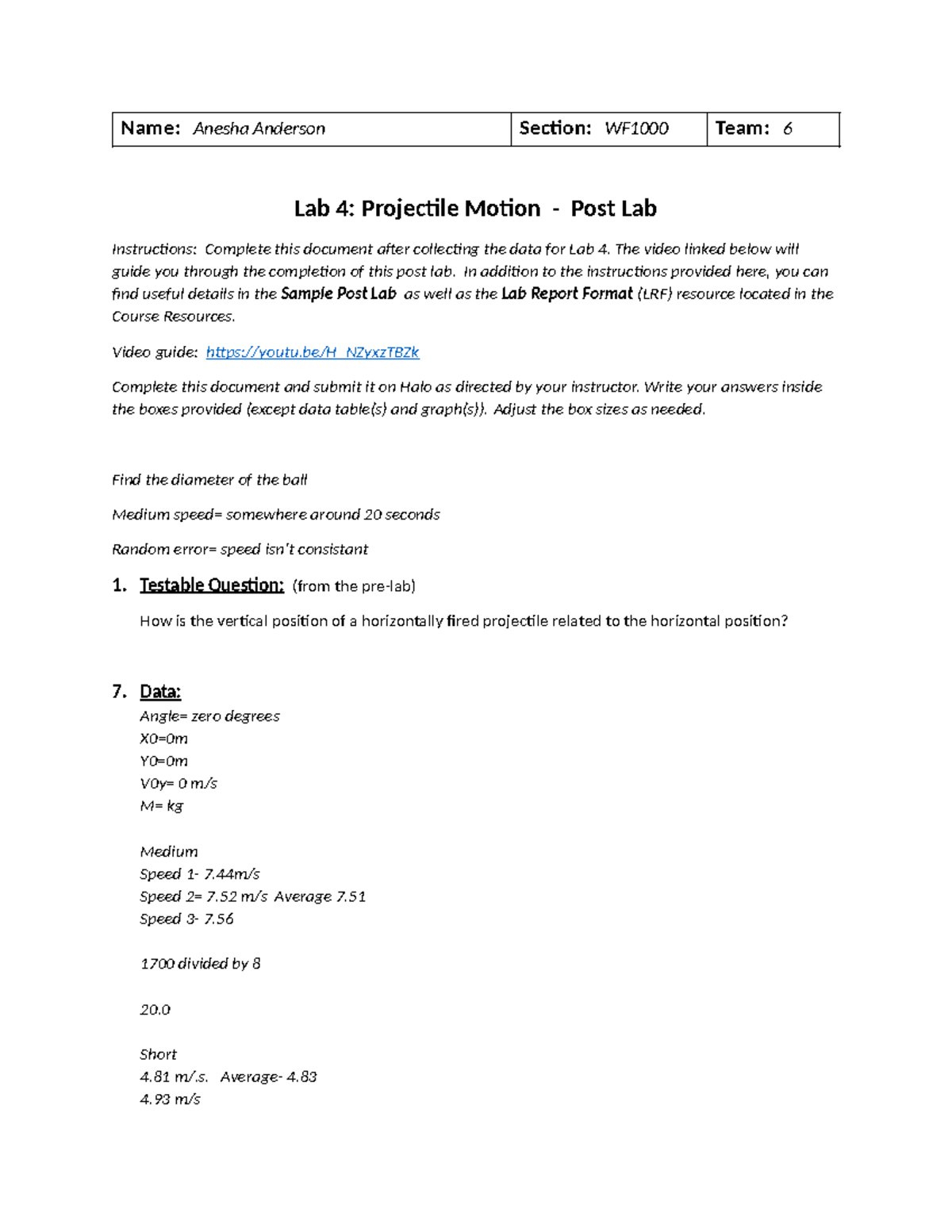 PHY111 Lab 4: Projectile Motion Post Lab Analysis and Results - Studocu