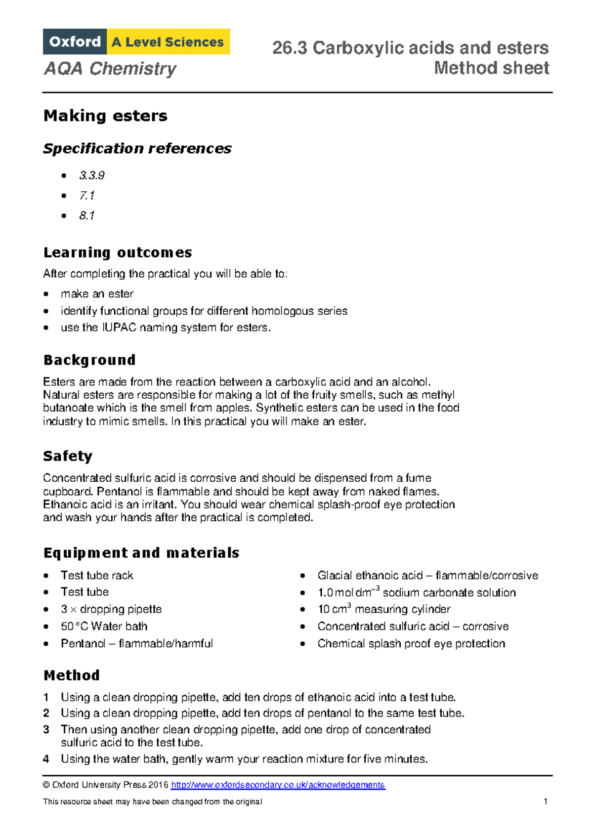 AQA Chemistry Practical: Making Esters Method Sheet - Studocu
