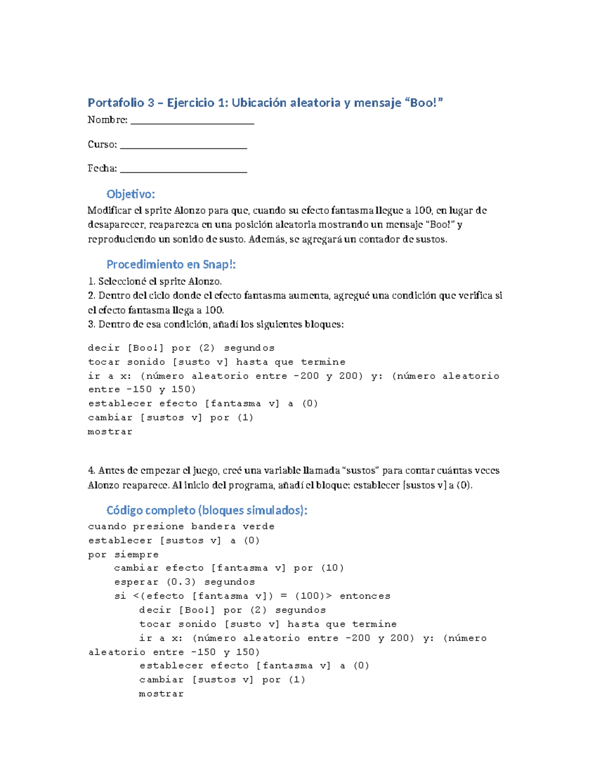 Portafolio 3 Ejercicio 1: Modificación del Sprite Alonzo en Snap - Studocu