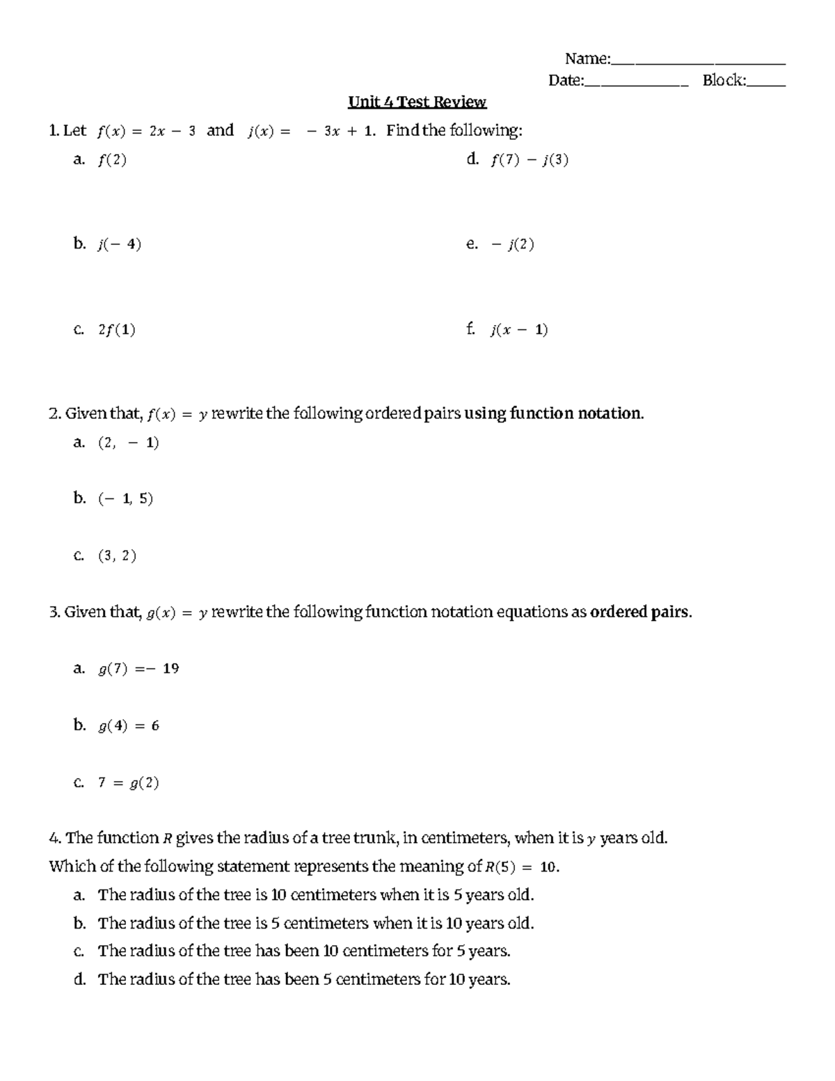 Unit 4 Test Study Guide: Functions, Notation & Interpretations - Studocu