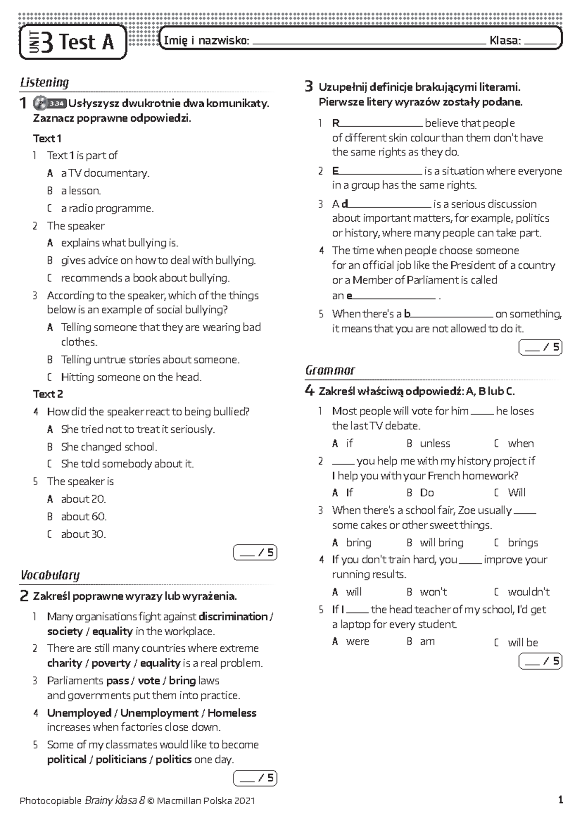 Brainy KL8 Unit Test 3A - Listening, Vocabulary, Grammar & Reading ...