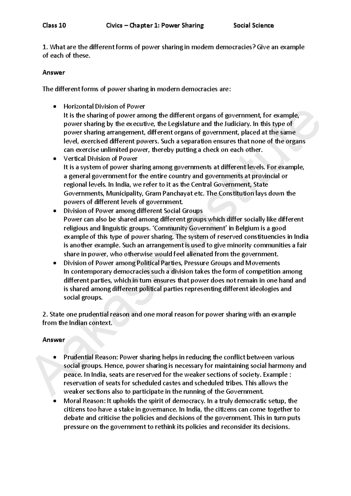 Class 10 Social Science: Civics Chapter 1 - Power Sharing Notes - Studocu