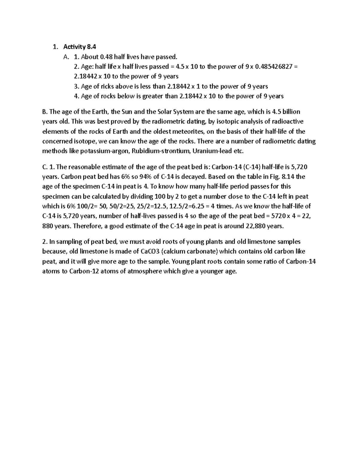 Lab 9 Activity from Lab Book - Activity 8. A. 1. About 0 half lives ...