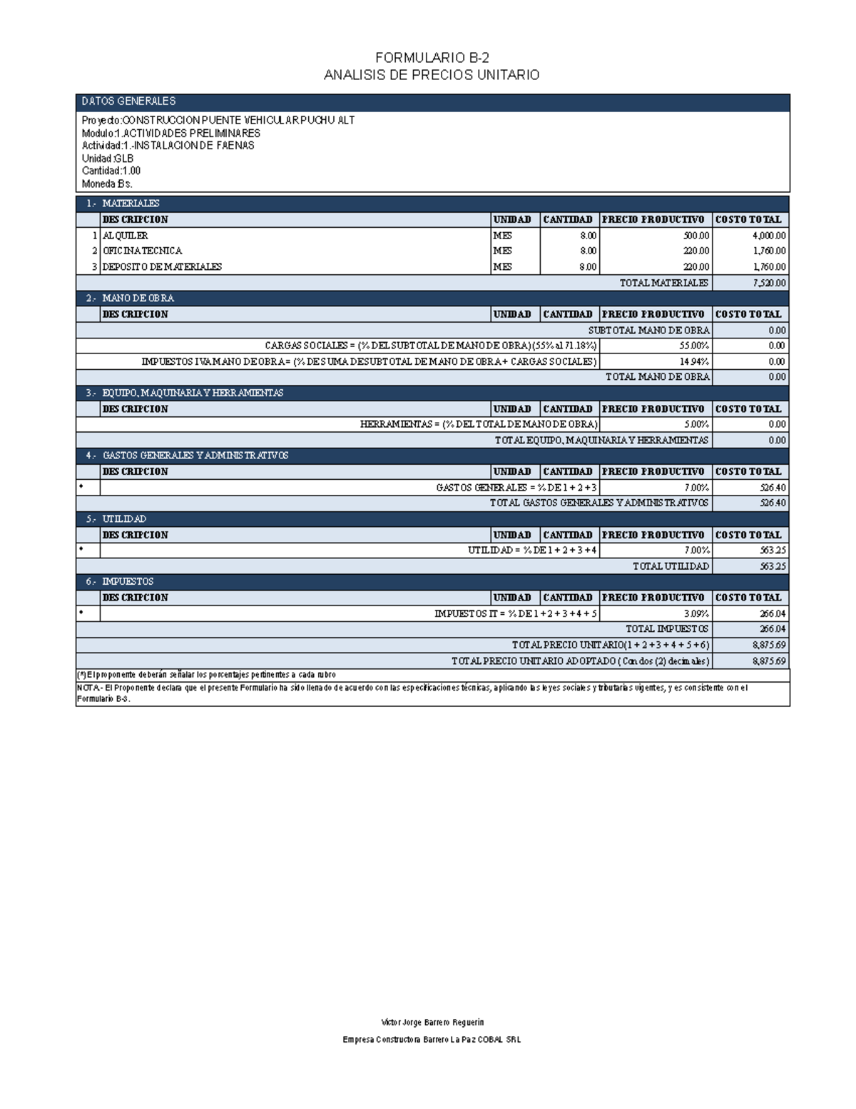 FORMULARIO B-2: ANÁLISIS DE PRECIOS UNITARIOS - CONSTRUCCIÓN PUENTE ...