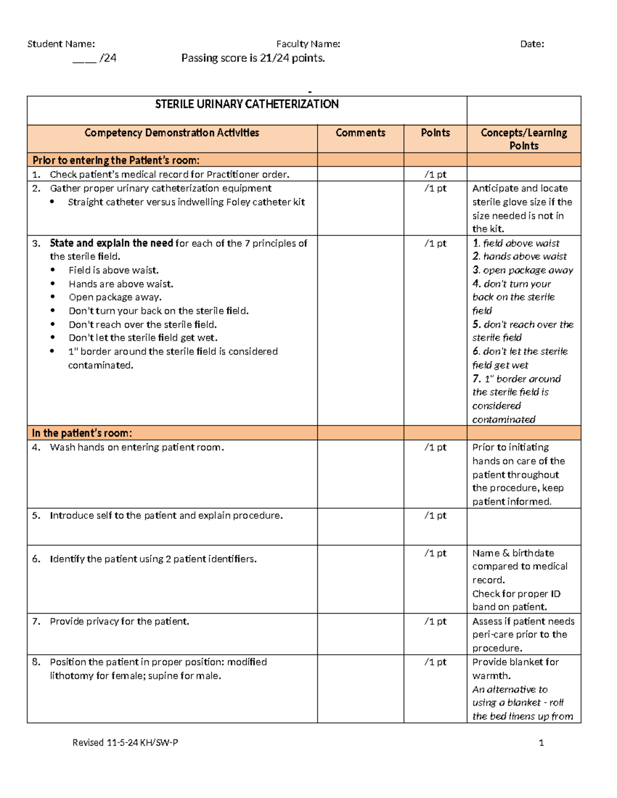UG+Competency+Sterile+Urinary+Catheter+11-8-24 - ____ /24 Passing score ...