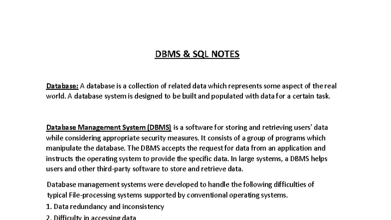 DBMS SQL NOTES: Comprehensive Guide to Database Management - Studocu