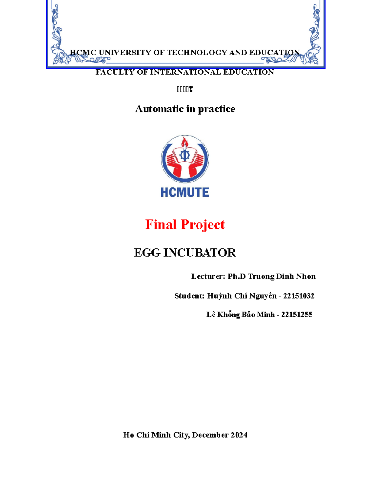 Automatic Egg Incubator Project Report - Final Project (HCMUTE) - Studocu