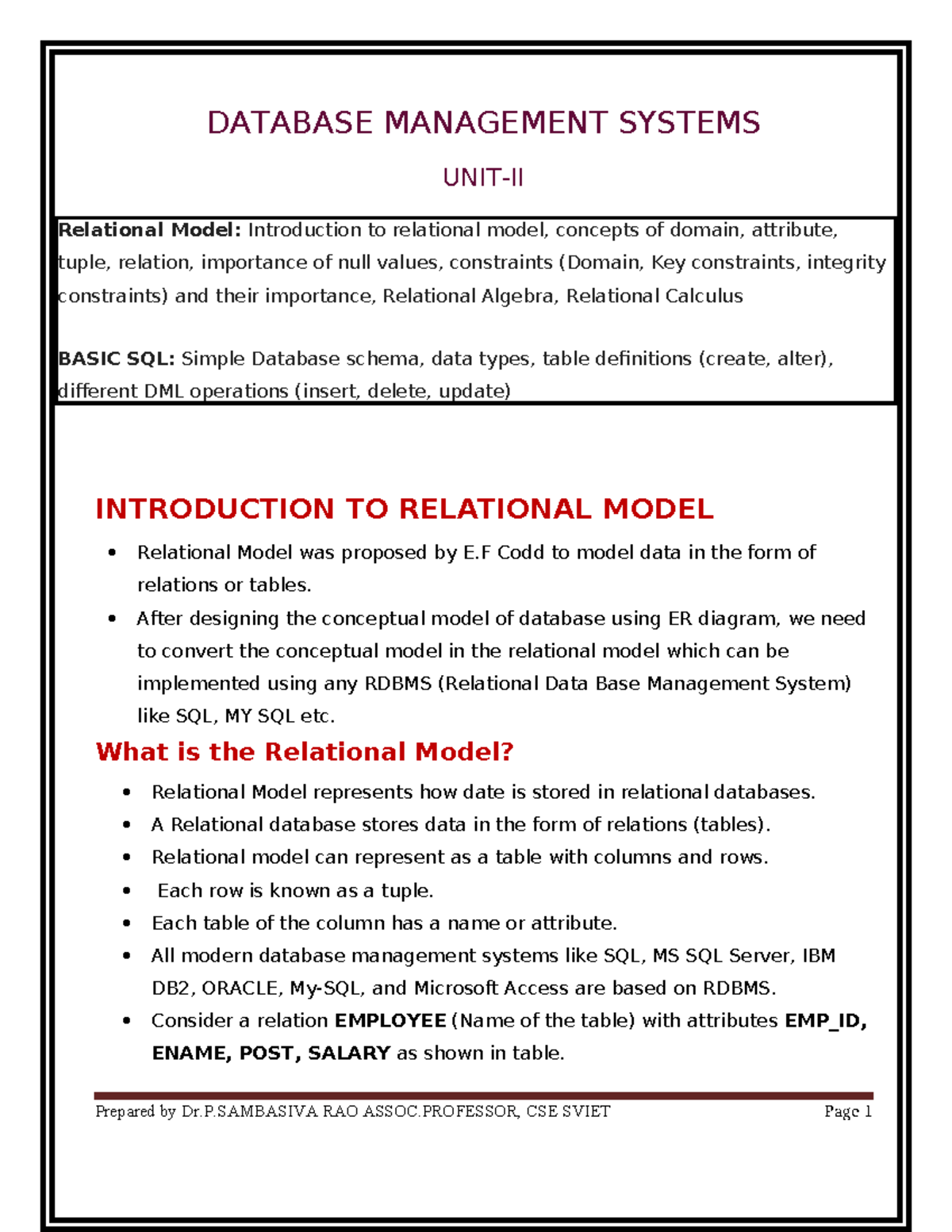 DATABASE MANAGEMENT SYSTEMS CSE UNIT-2: Relational Model & SQL Concepts ...