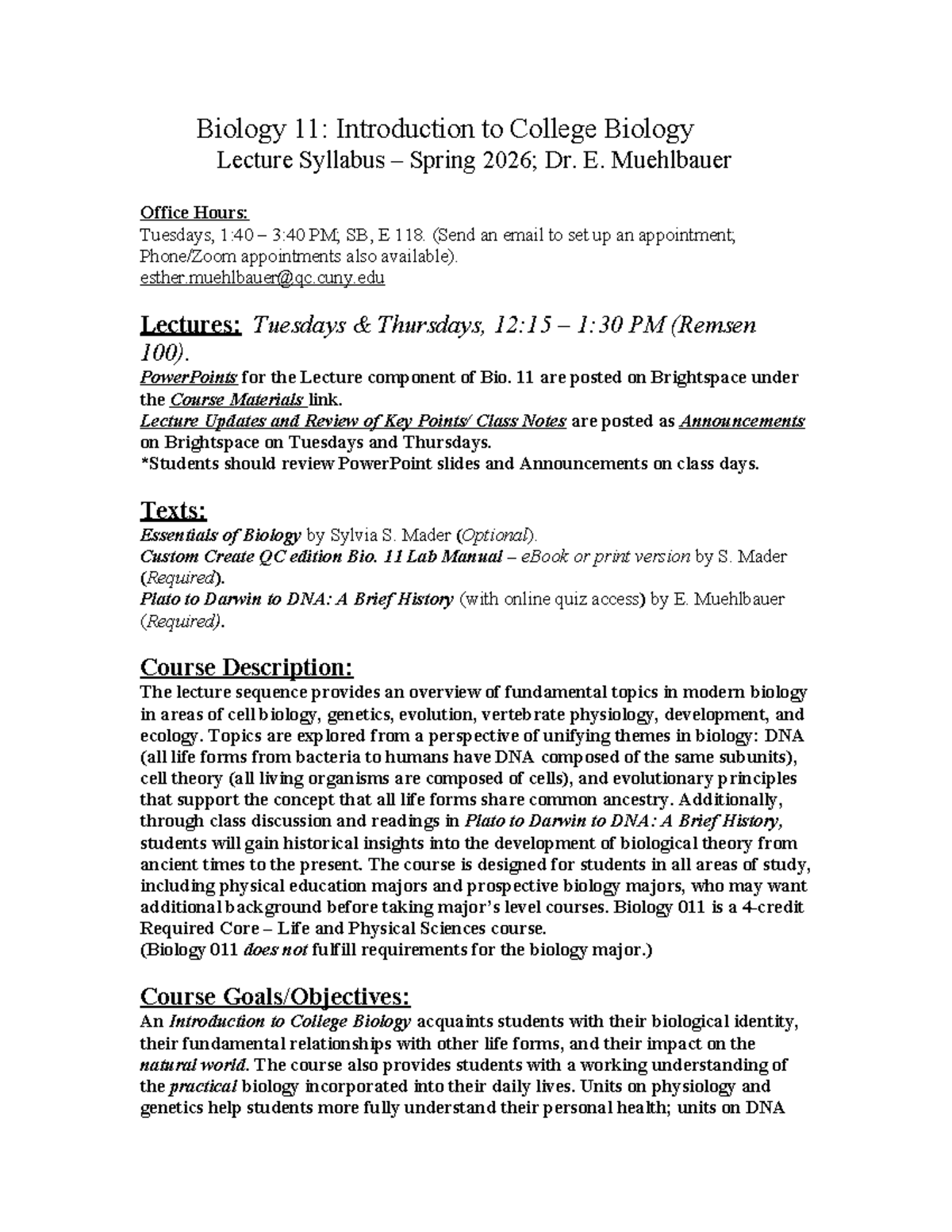 Spring 2026 BIO 11: Introduction to College Biology Lecture Syllabus ...