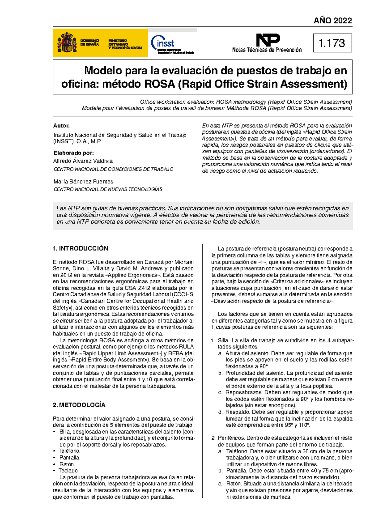 Evaluación de Ergonomía en Oficinas: Método ROSA (NTP 2022) - Studocu