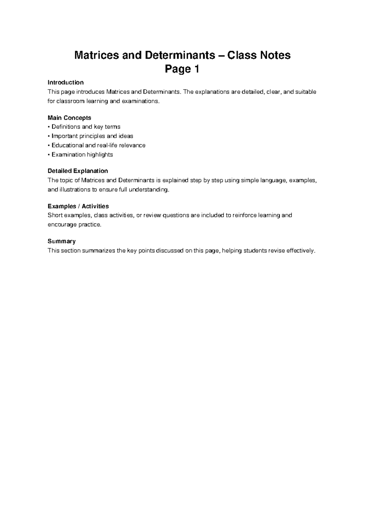 04 Matrices and Determinants Class Notes: Comprehensive Overview - Studocu