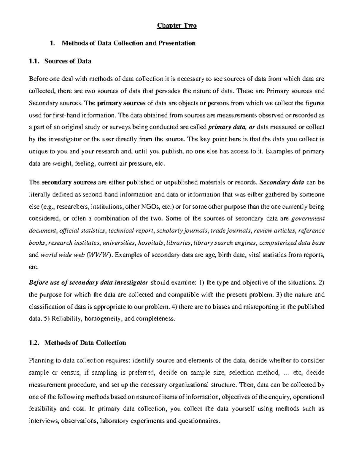 Statistics Chapter 2: Data Collection and Presentation Methods - Studocu