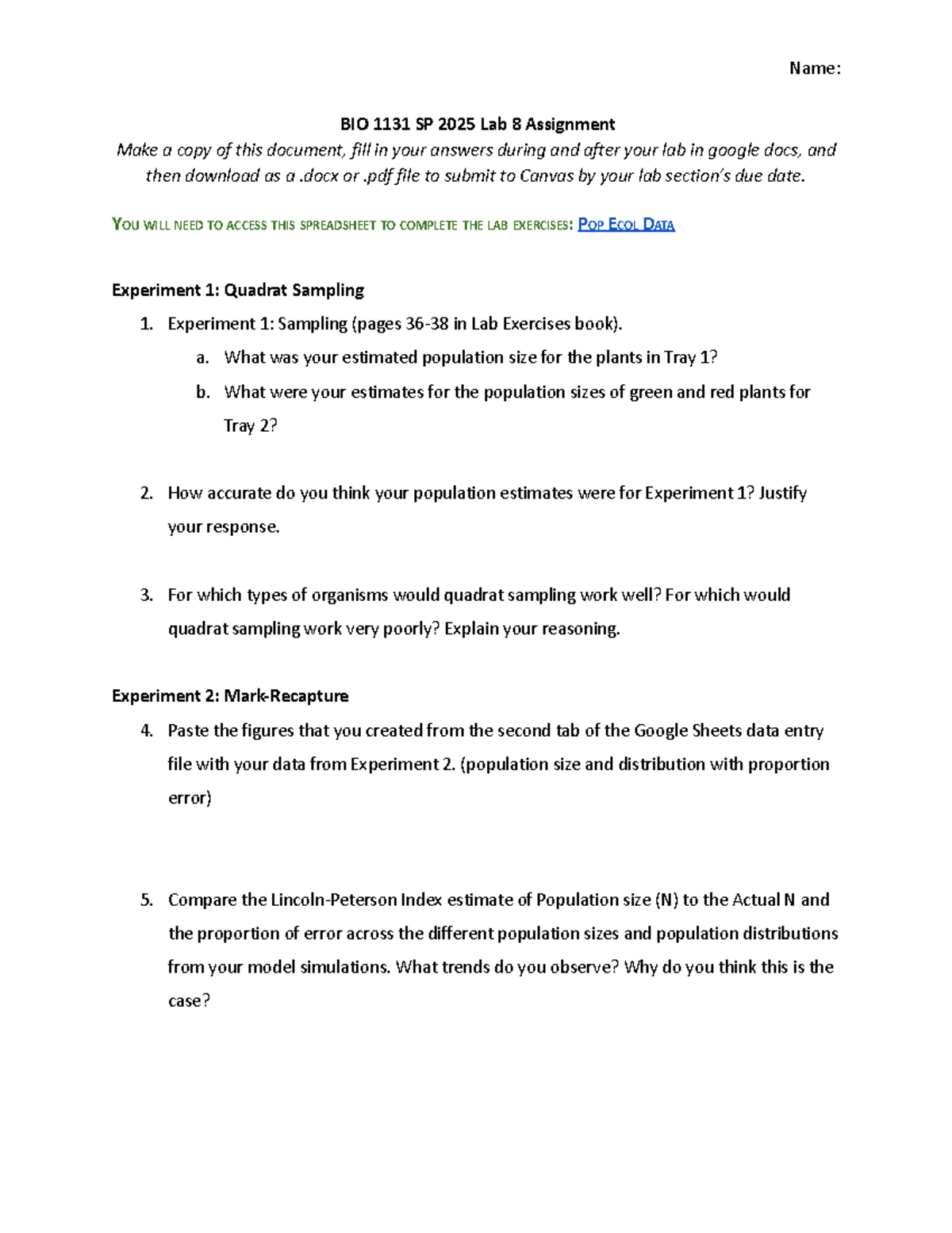 BIO 1131 SP 2025 Lab 8: Population Ecology Worksheet and Exercises ...