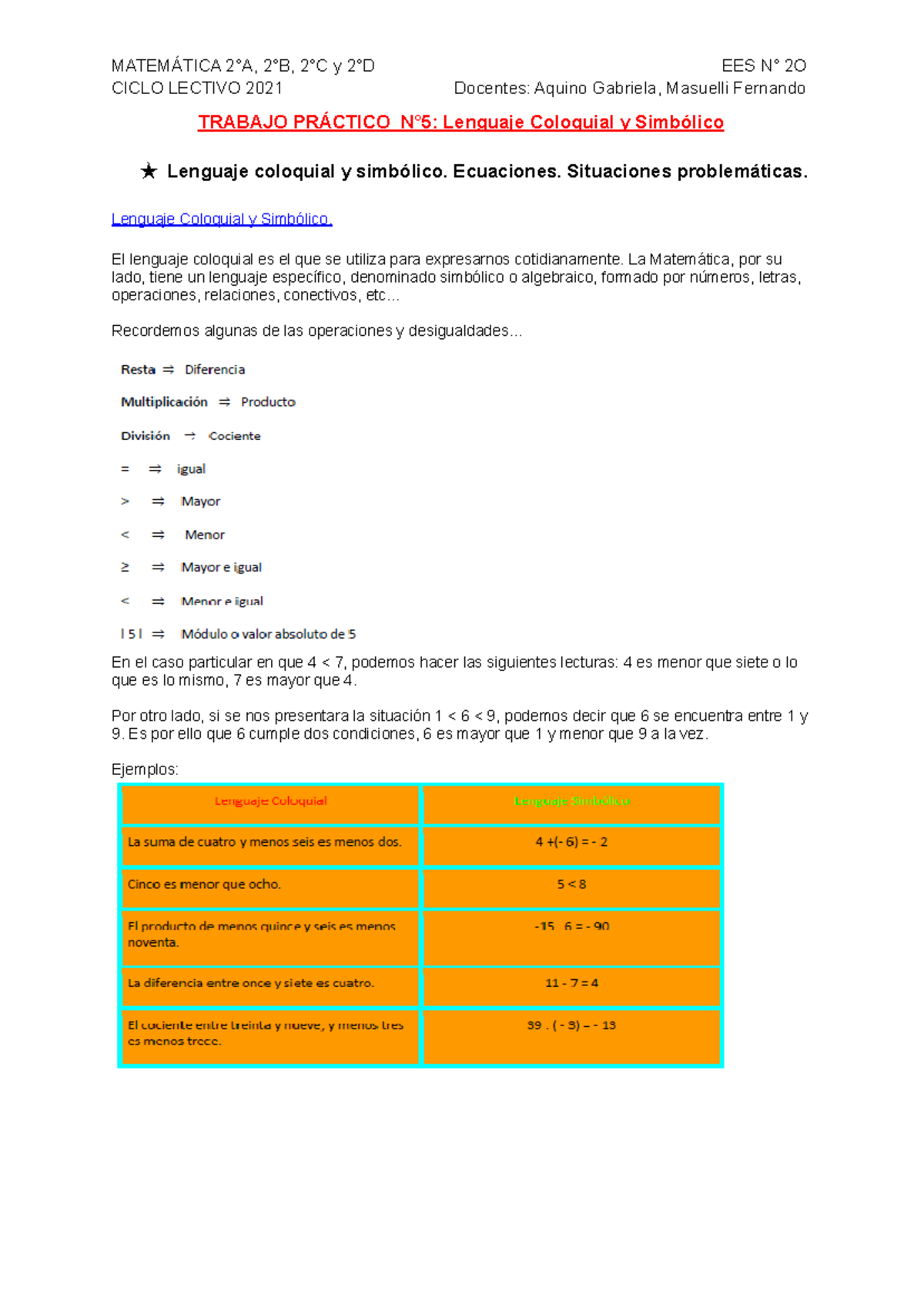Matemática 2A, 2B, 2C, 2D - TP N°5: Lenguaje Coloquial y Simbólico ...