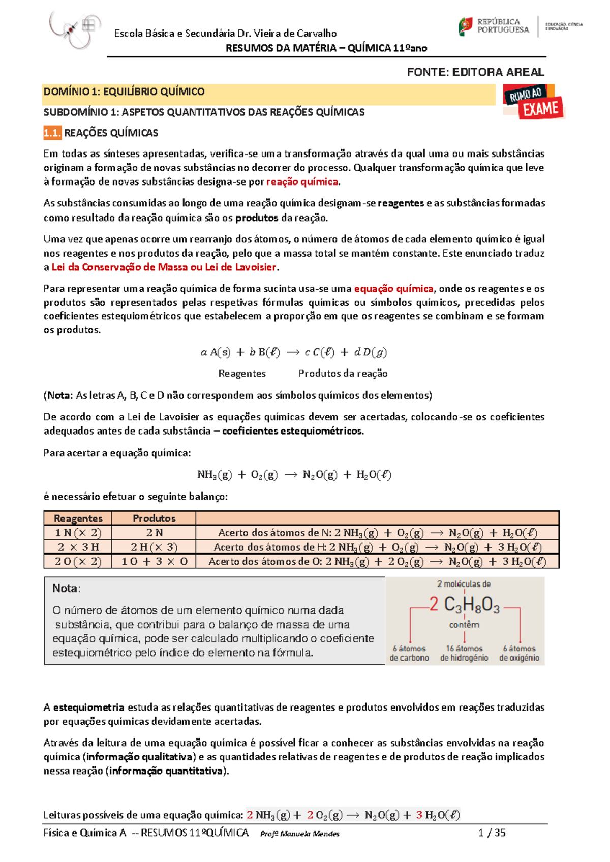 Resumo da Matéria – Química 11ºano: Equilíbrio Químico e Estequiometria ...