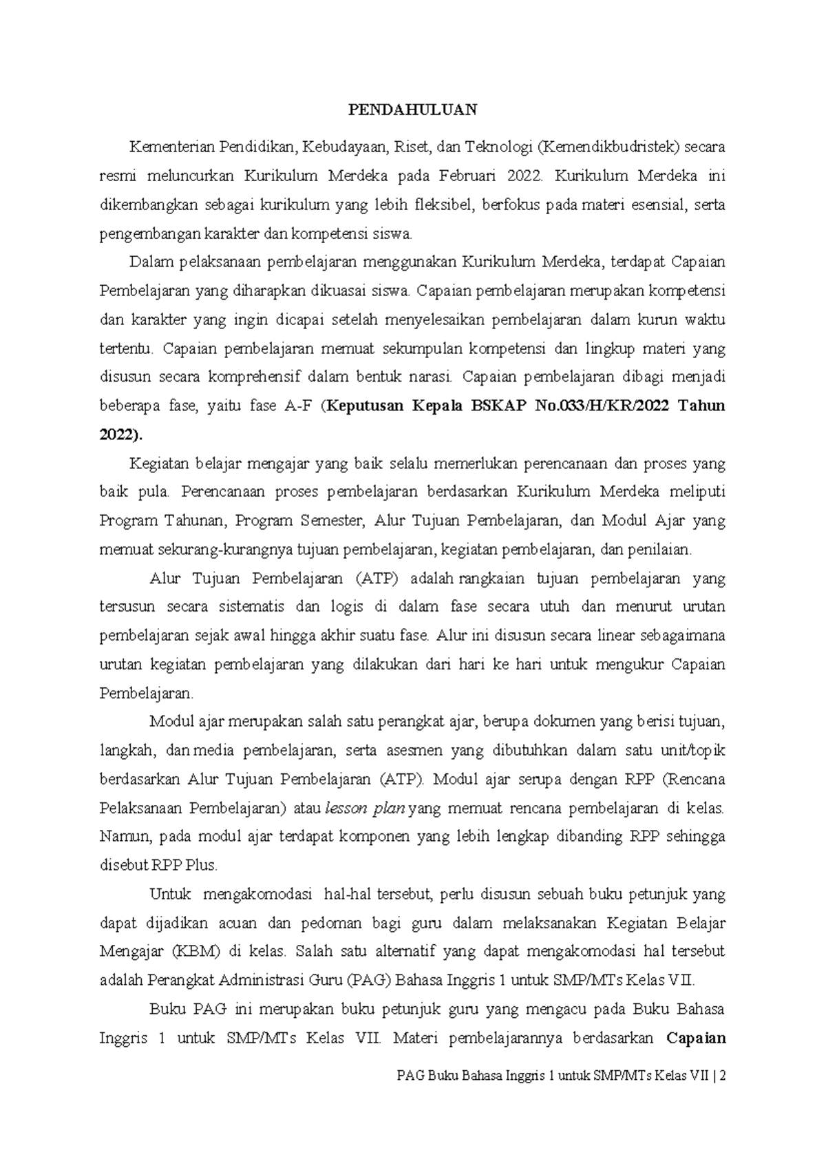 PENDAHULUAN Kurikulum Merdeka dan Perangkat Administrasi Guru Kelas VII ...