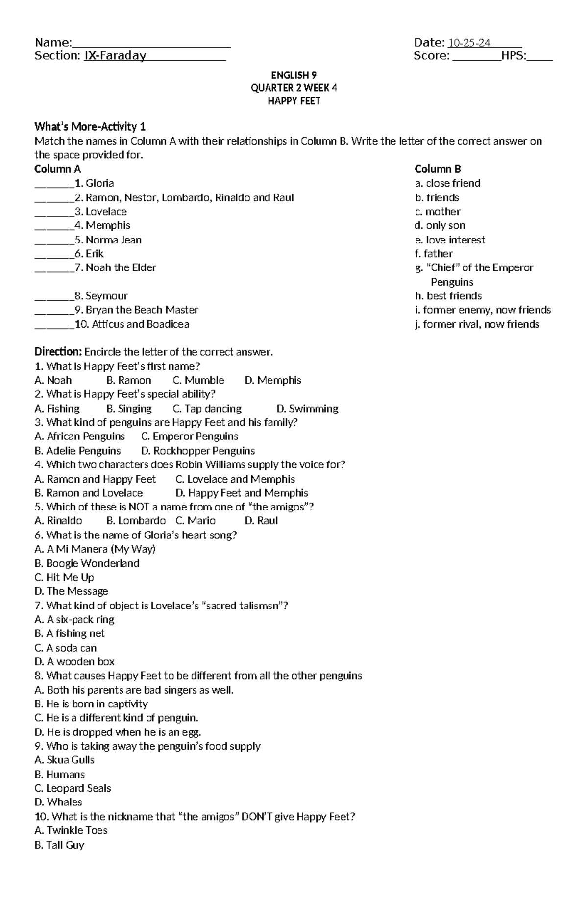 Happy-FEET - An answer sheet in English - Name: Section: IX-Faraday ...