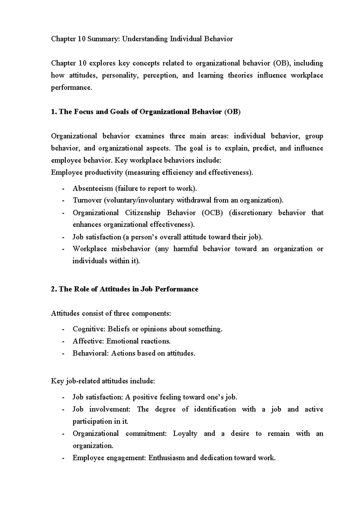 Chapter 10 Summary: Understanding Individual Behavior in OB - Studocu