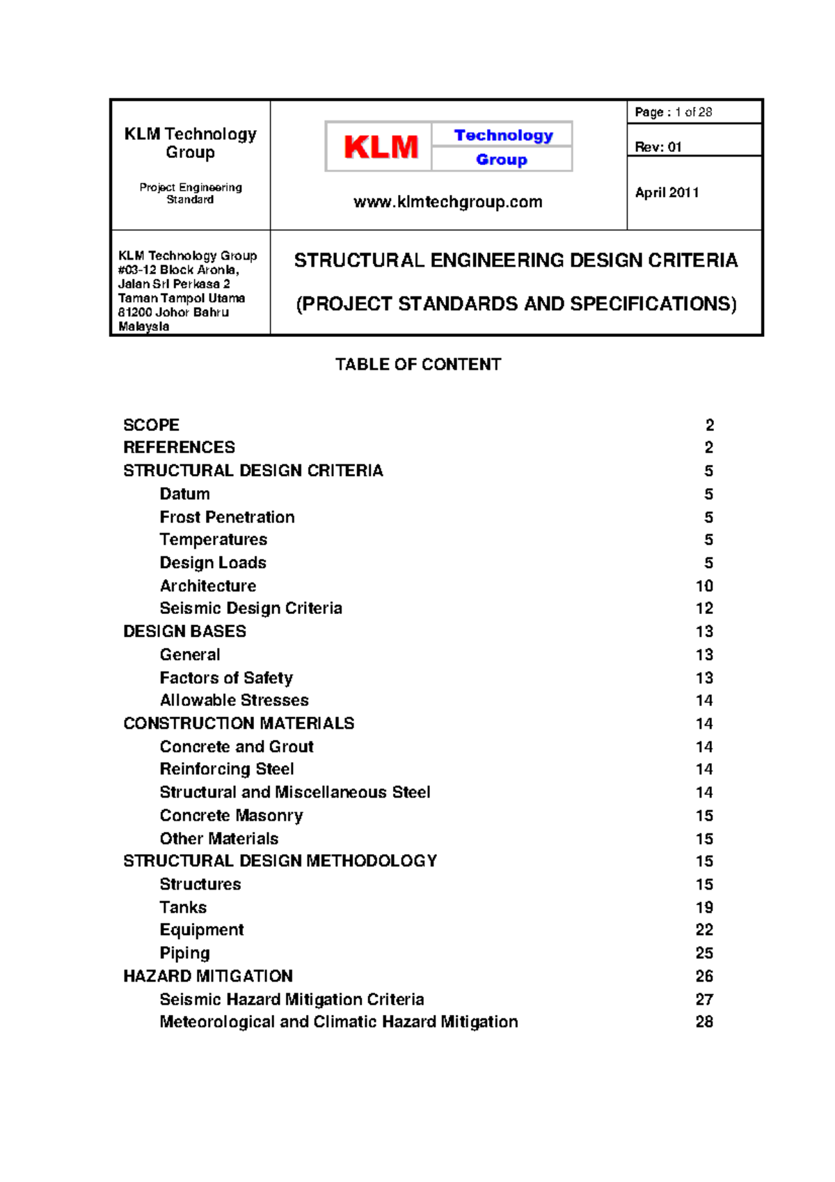 KLM Engineering Standard: Structural Design Criteria Rev 01 - Studocu
