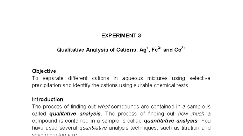 Experiment 3: Qualitative Analysis of Cations - Lab Manual - Studocu