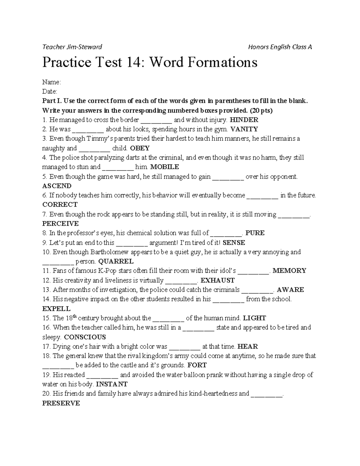 Teacher Honors English Class A Practice Test 14: Word Formations - Studocu
