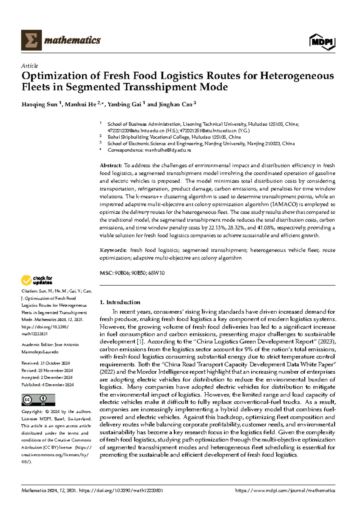 Optimization of Fresh Food Logistics Routes: A Segmented Transshipment ...