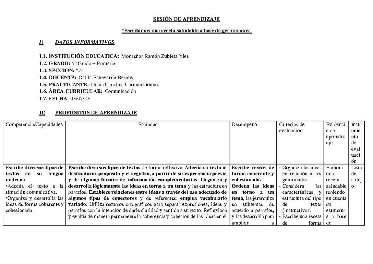 Sesión de Aprendizaje 5°A: Elaboración de Recetas Saludables - Studocu