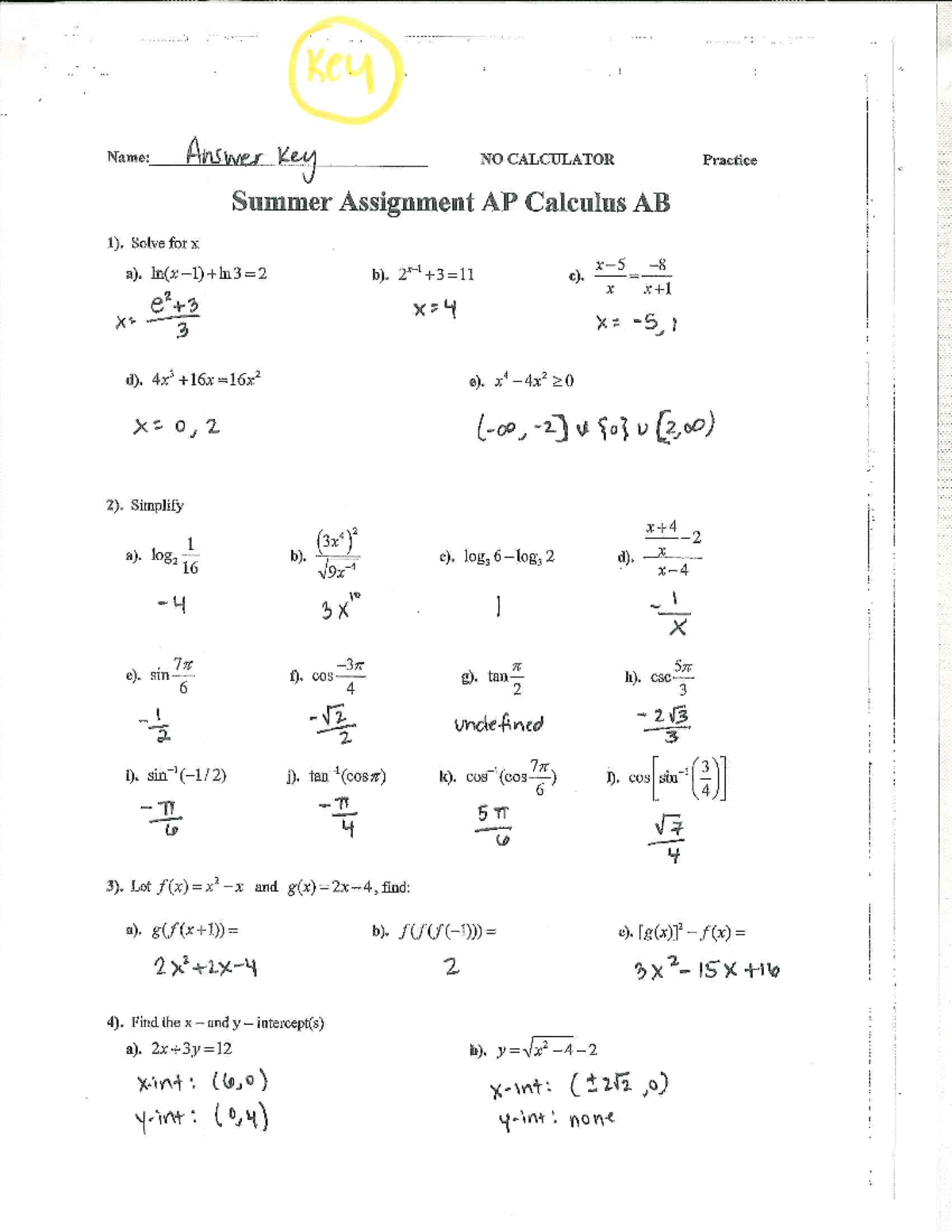AP Calculus AB: No Calculator Practice Summer Assignment Answer Key ...