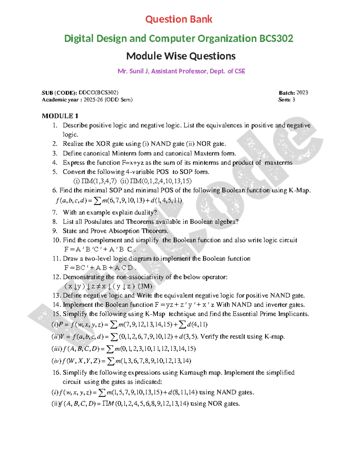 BCS302 - Comprehensive Question Bank for Digital Design & Computer Org ...