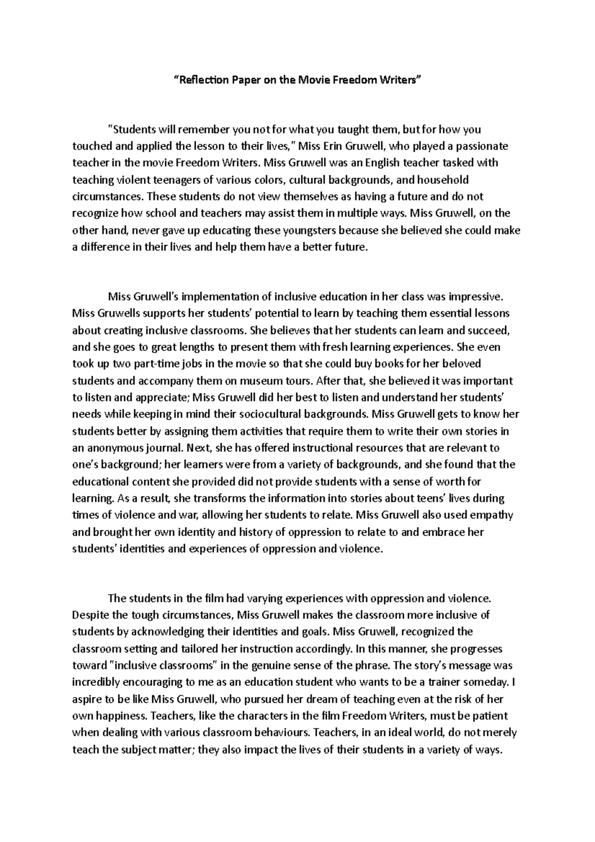 “Reflection Paper on the Movie Freedom Writers” - “Reflection Paper on ...