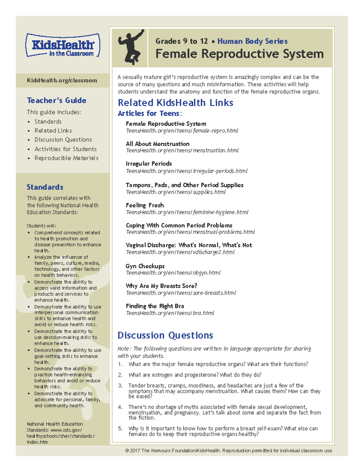 Grades 9-12 Human Body Series: Female Reproductive System Guide - Studocu