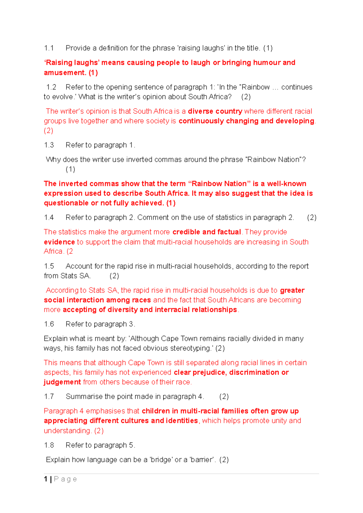 Comprehension Answers for Course Code ENG101: Understanding South ...