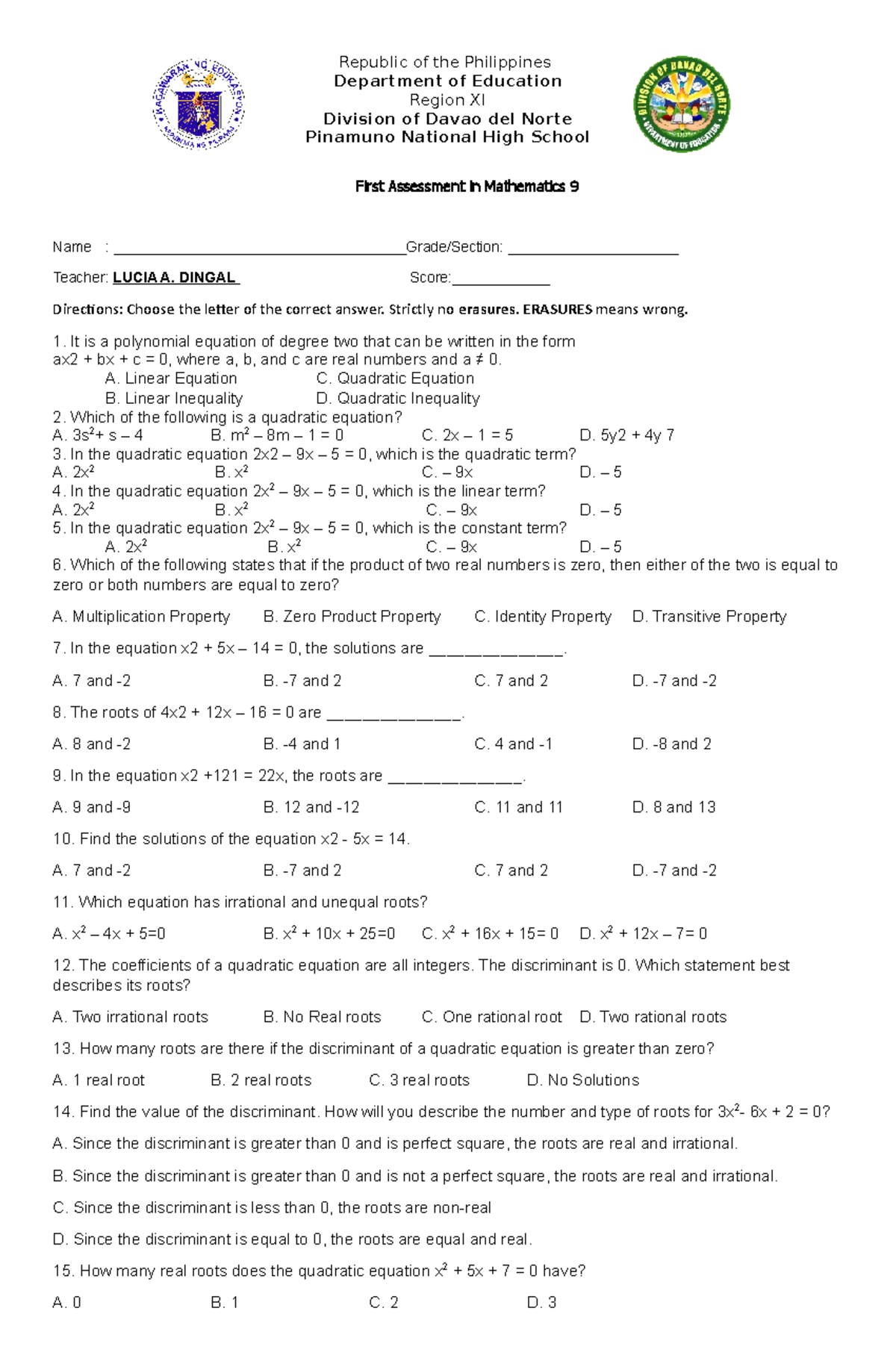 First assesment math 9 - Assessment in Math 9 Multiple Choice Test ...