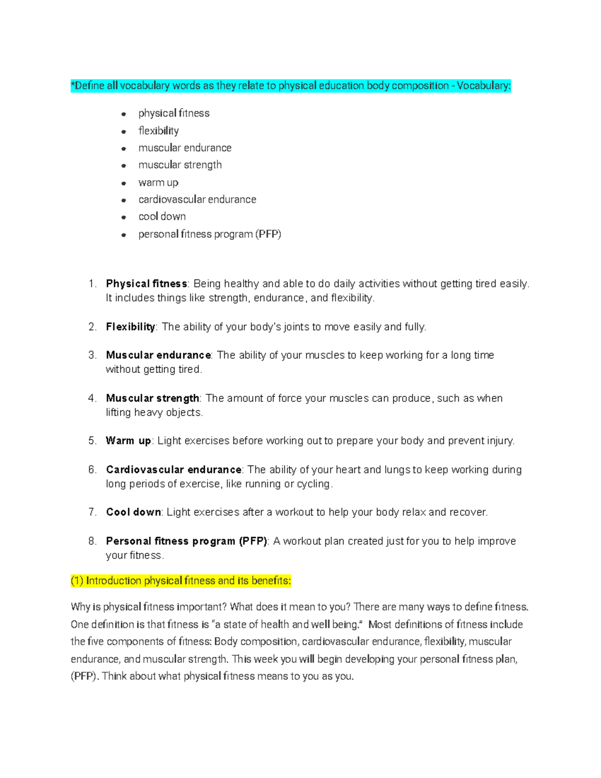 Week 1 - Physical Education Vocabulary & Importance of Fitness - Studocu