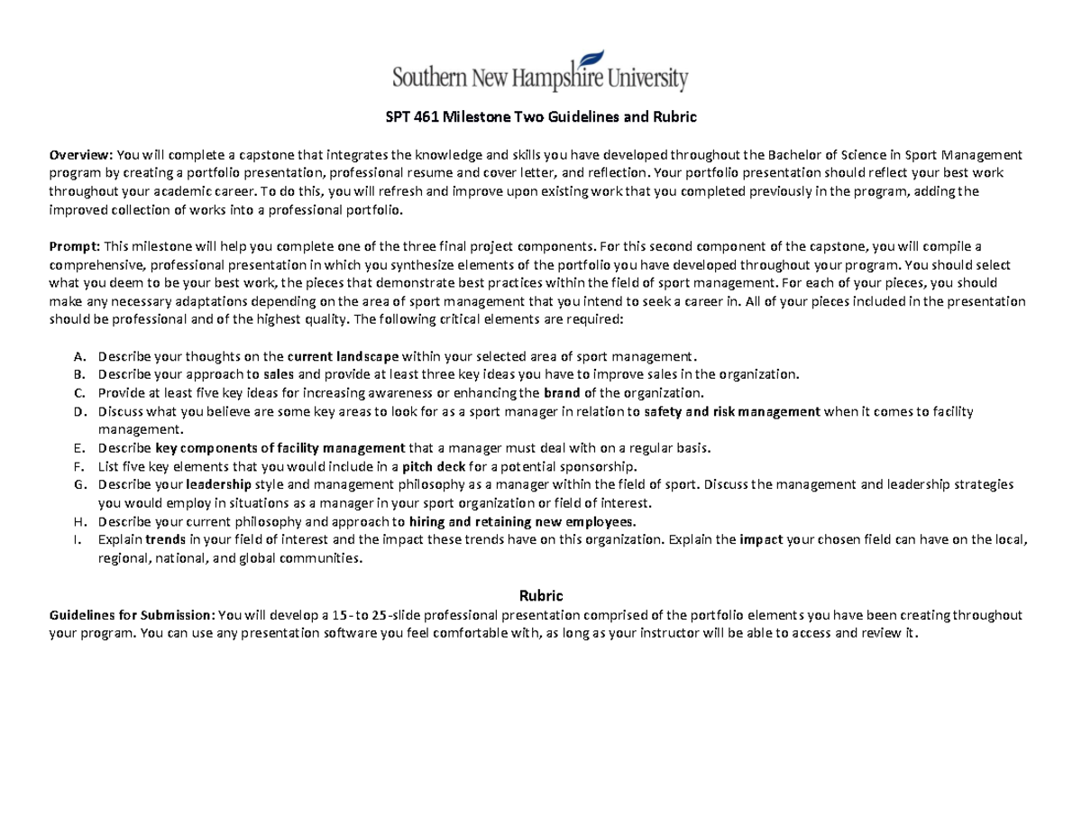 SPT 461 Milestone 2: Capstone Portfolio Presentation Guidelines - Studocu