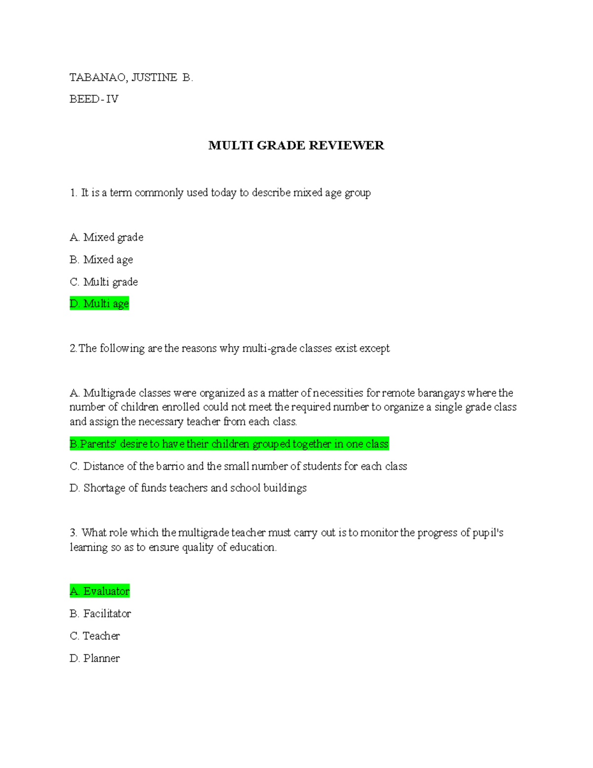 BEED-IV Multi-Grade Classroom Strategies & Key Concepts Reviewer - Studocu