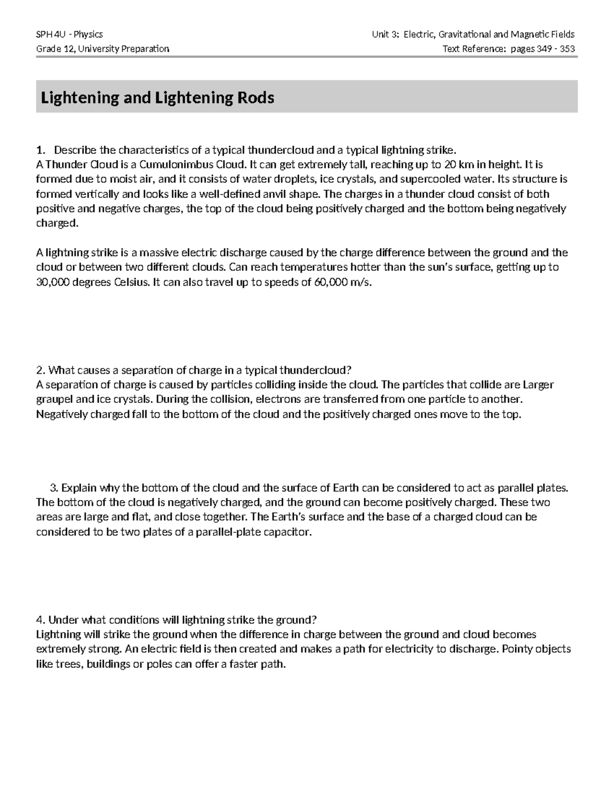 SPH 4U Physics Grade 12: Electric Fields & Lightning Rods Overview ...