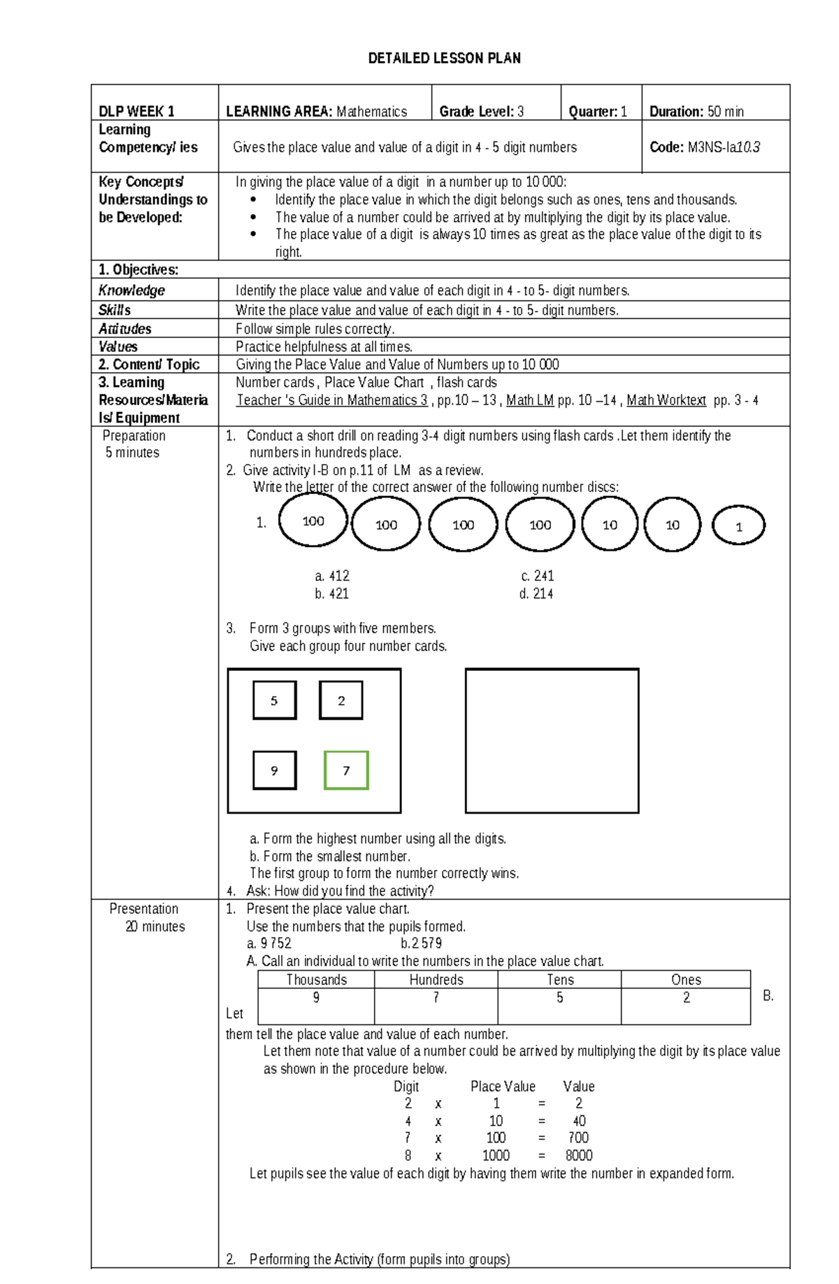 Detailed lesson plan for week 1: Place value in mathematics (DLP-MATH3 ...