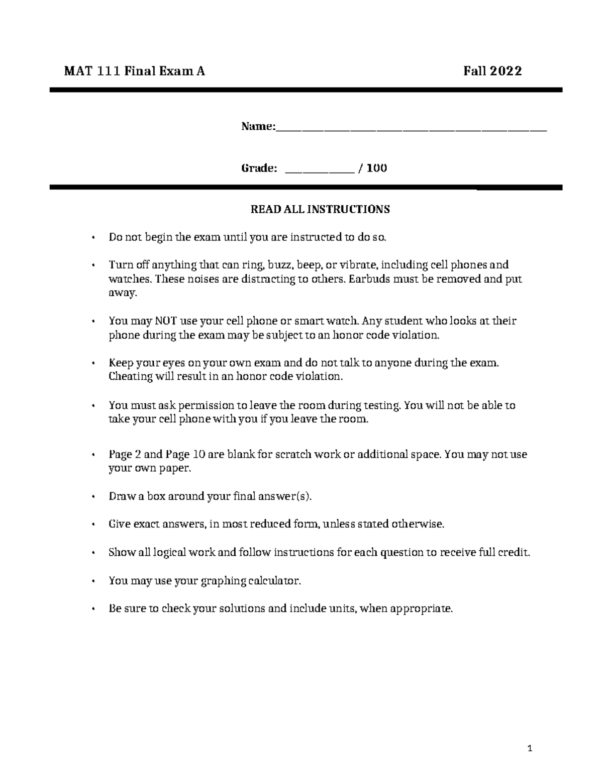 MAT 111 Final Exam A Fa2022 - MAT 111 Final Exam A Fall 2022 - Studocu
