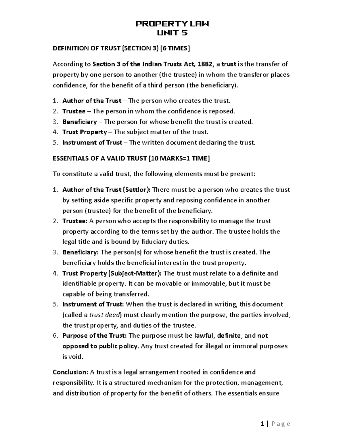 PROPERTY LAW UNIT 5: UNDERSTANDING TRUSTS AND THEIR ESSENTIALS - Studocu