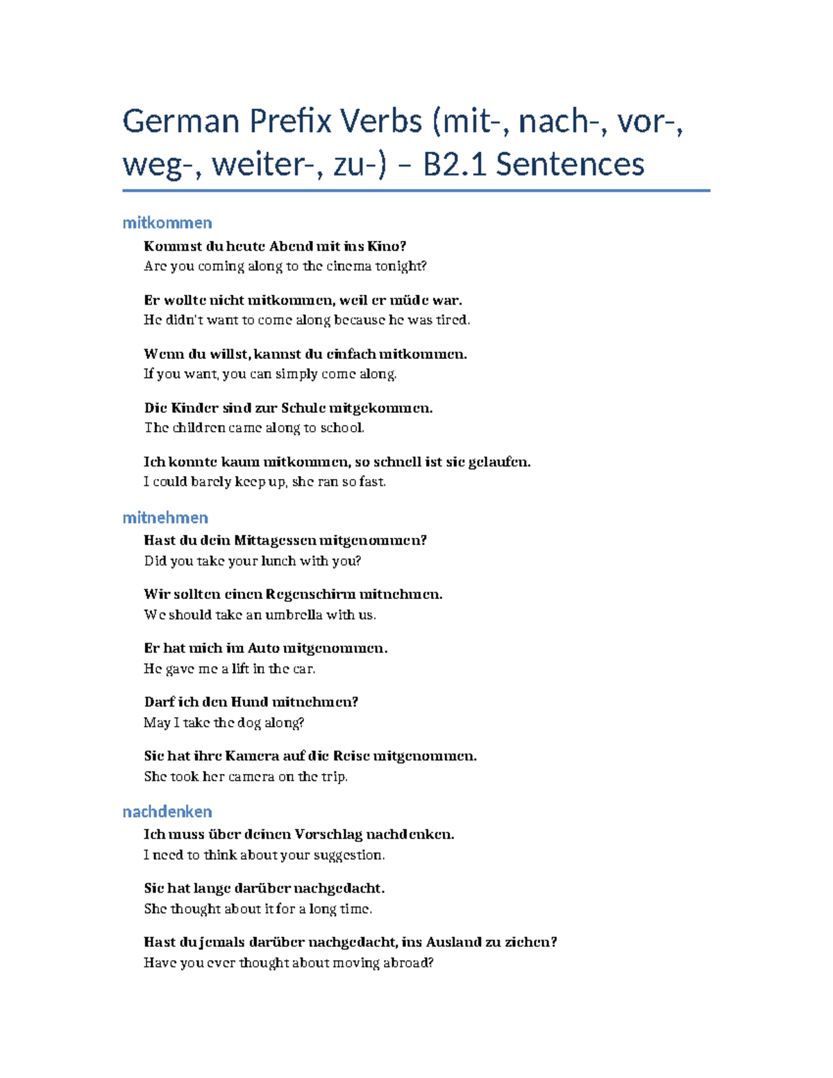German Prefix Verbs (mit-, nach-, vor-, weg-, weiter-, zu-) – B2.1 ...