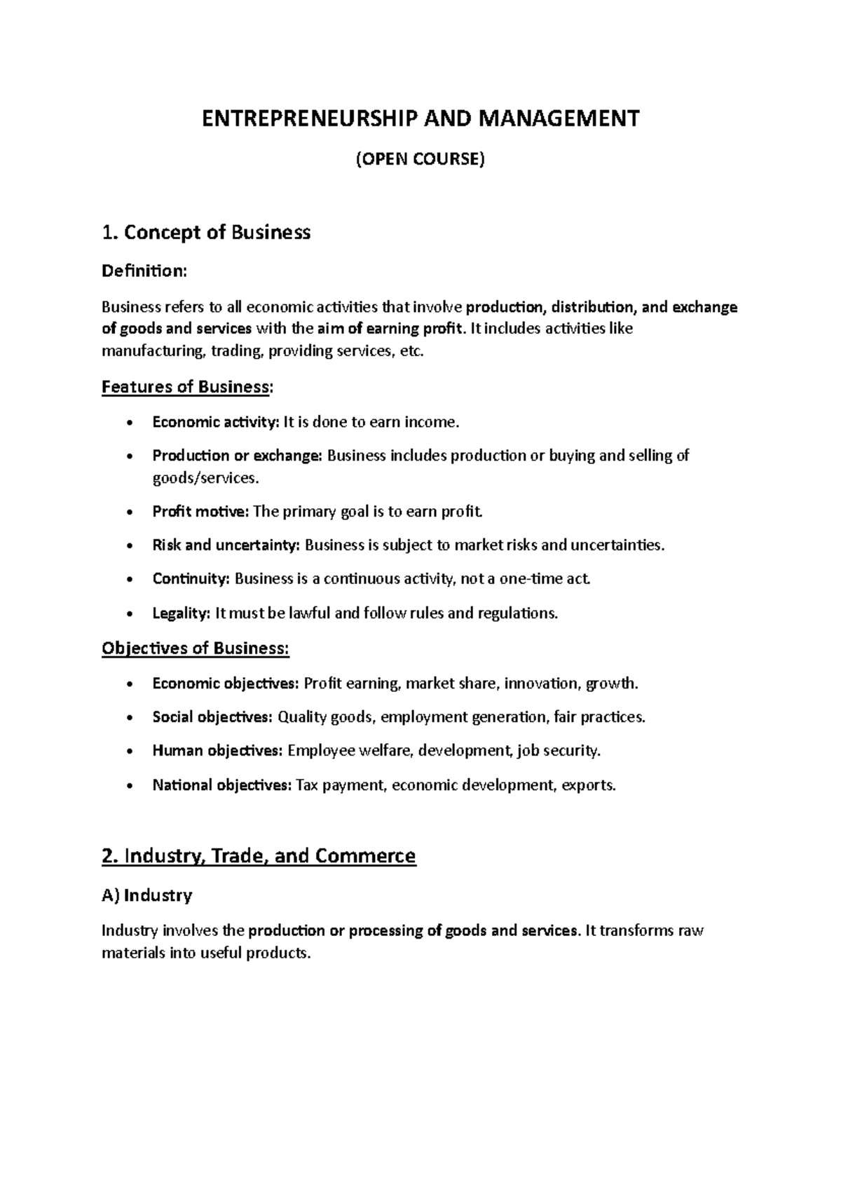 ENTREPRENEURSHIP AND MANAGEMENT (OPEN COURSE) - Key Concepts and ...