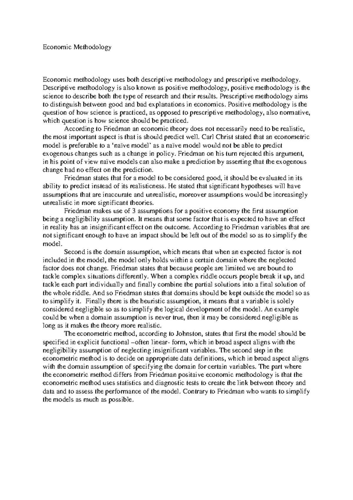 Economic Methodology Overview - Key Concepts and Assumptions - Studeersnel