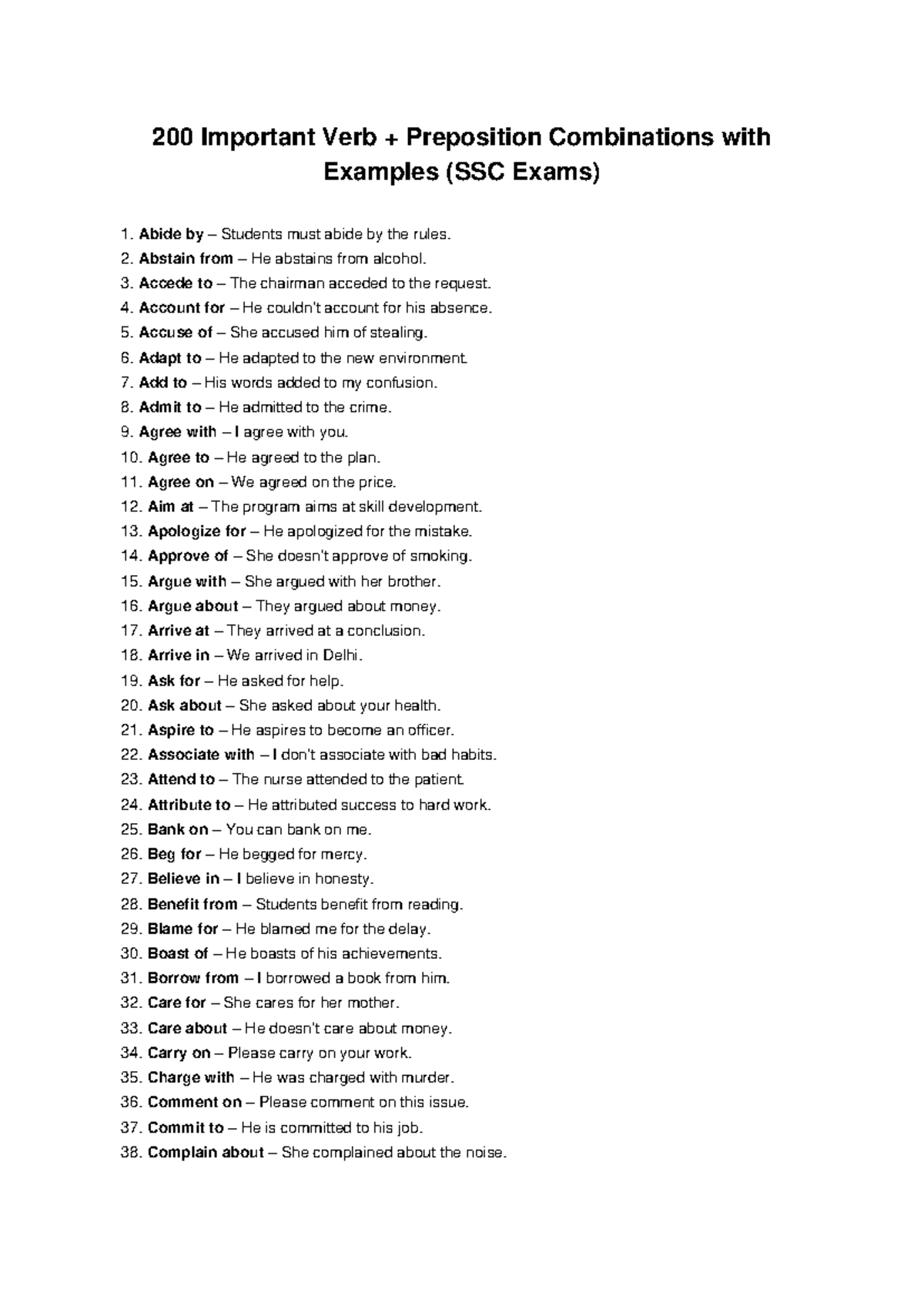 200 Essential Verb-Preposition Combinations for SSC Exams - Studocu