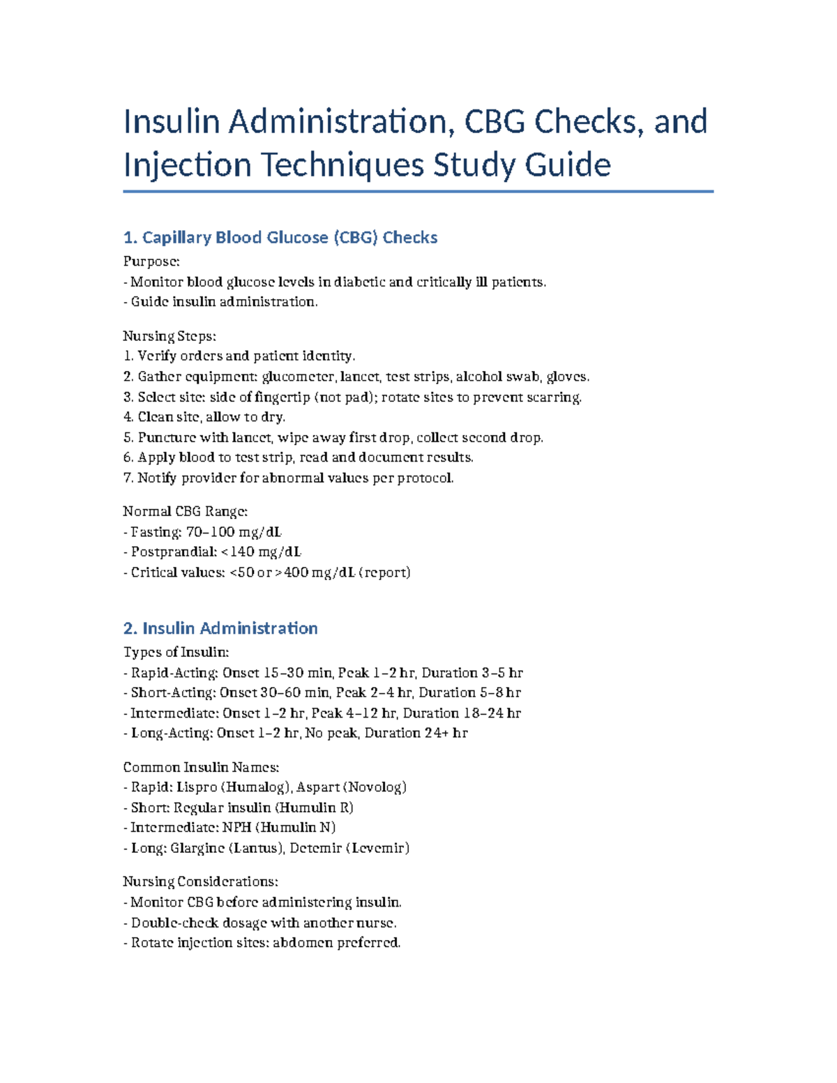 Insulin Admin & Injection Techniques Study Guide 1: CBG Checks ...